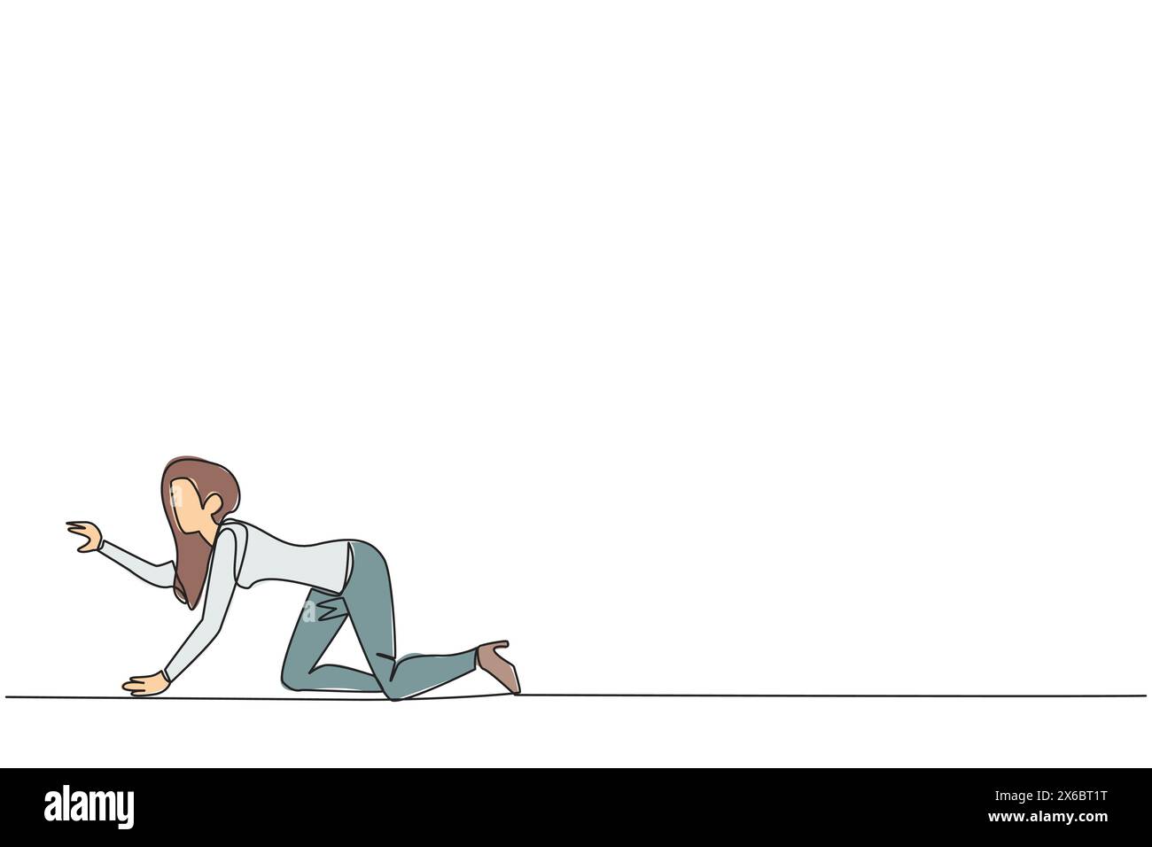Single one line drawing young tired businesswoman. Trying to get up ...