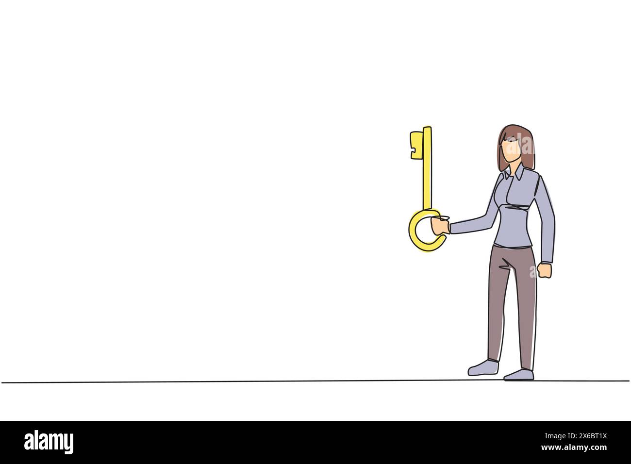 Single continuous line drawing businesswoman holding key. Important key ...
