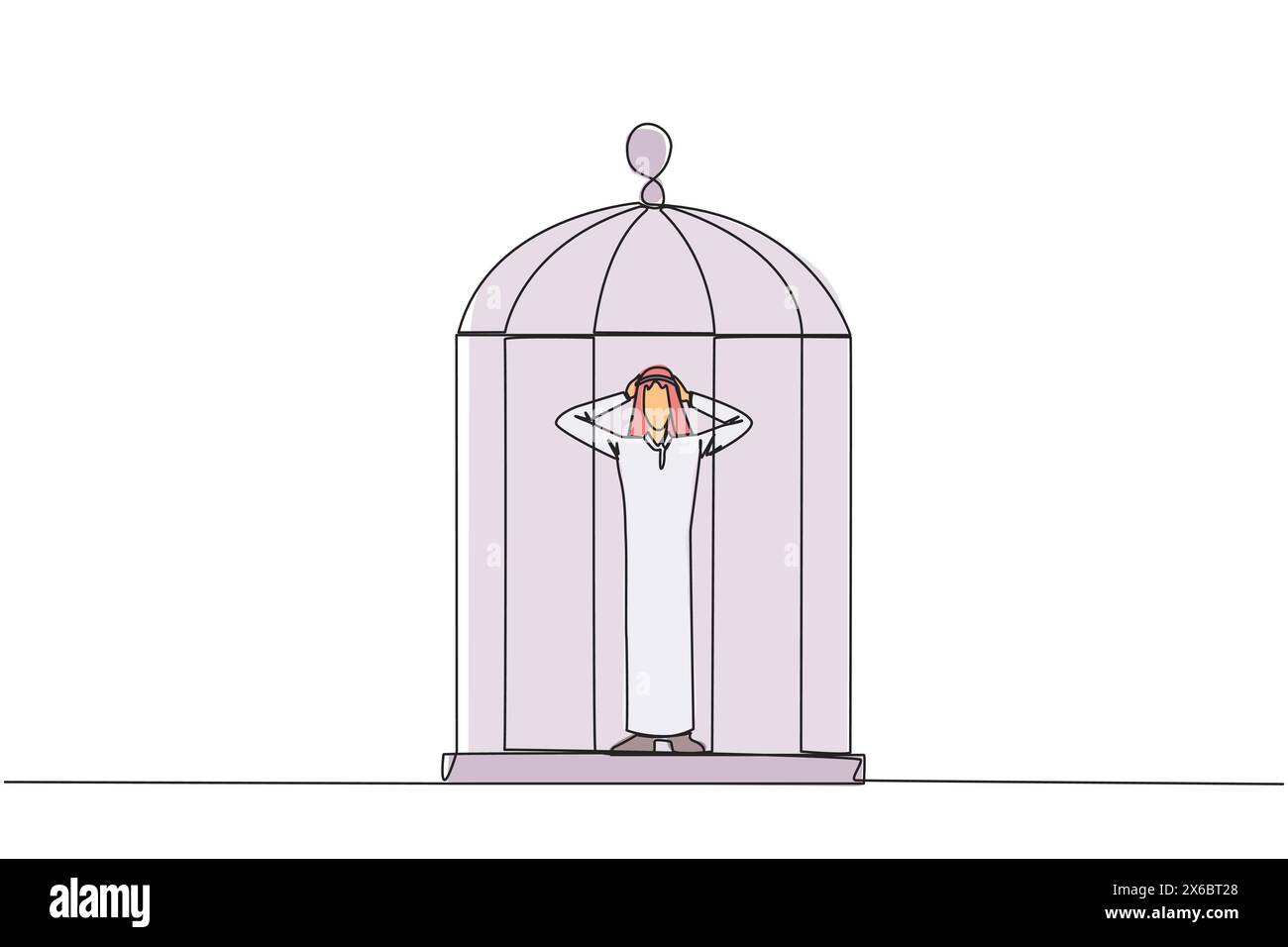 Continuous one line drawing Arab businessman trapped in cage standing ... Continuous one line drawing Arab businessman trapped in cage standing ...