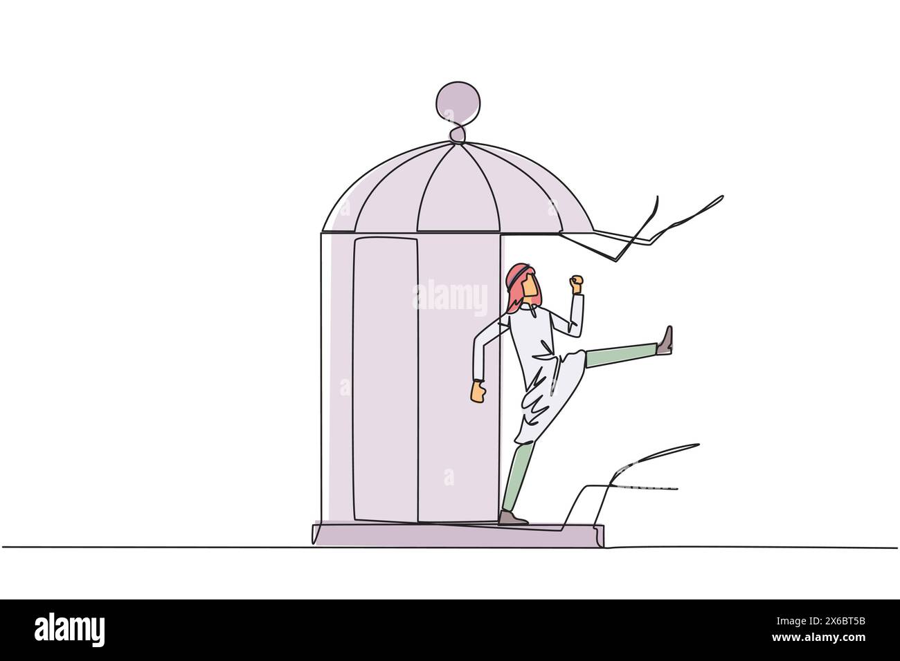 Single continuous line drawing Arab businessman trapped in cage kick ...