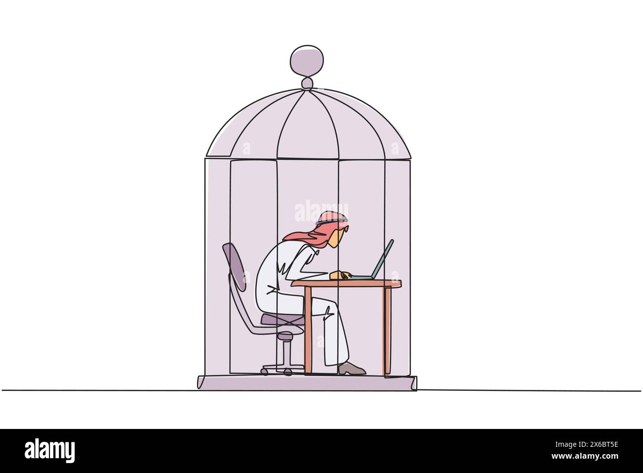 Single one line drawing Arabian businessman trapped in cage working on ...