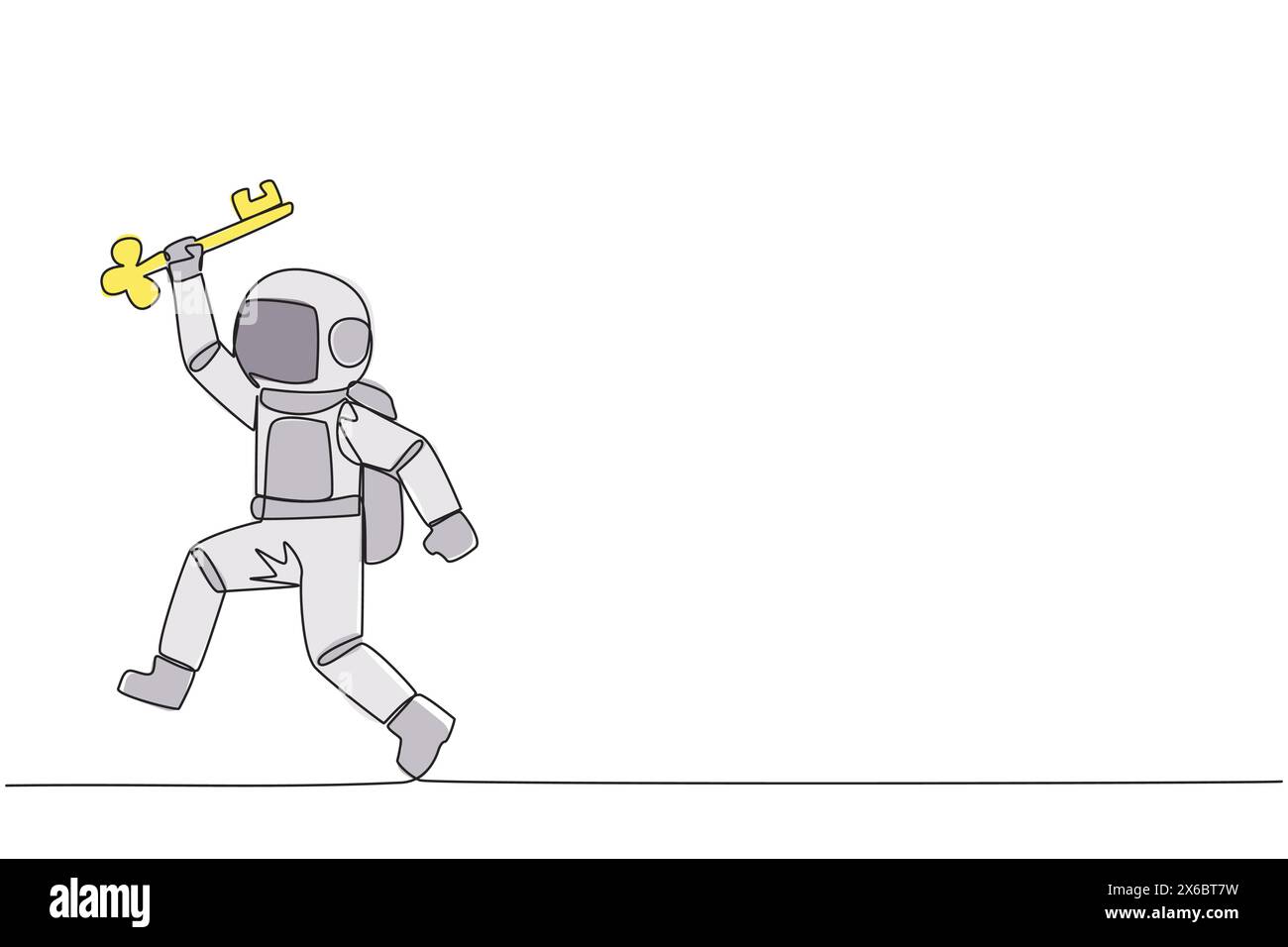 Single one line drawing young astronaut running holding key. Doing ...