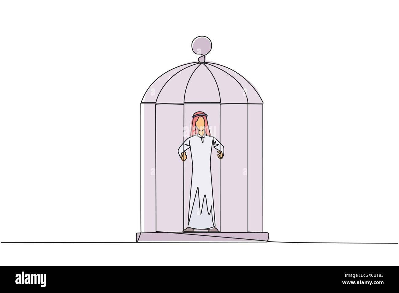 Continuous one line drawing Arab businessman trapped in cage standing ...