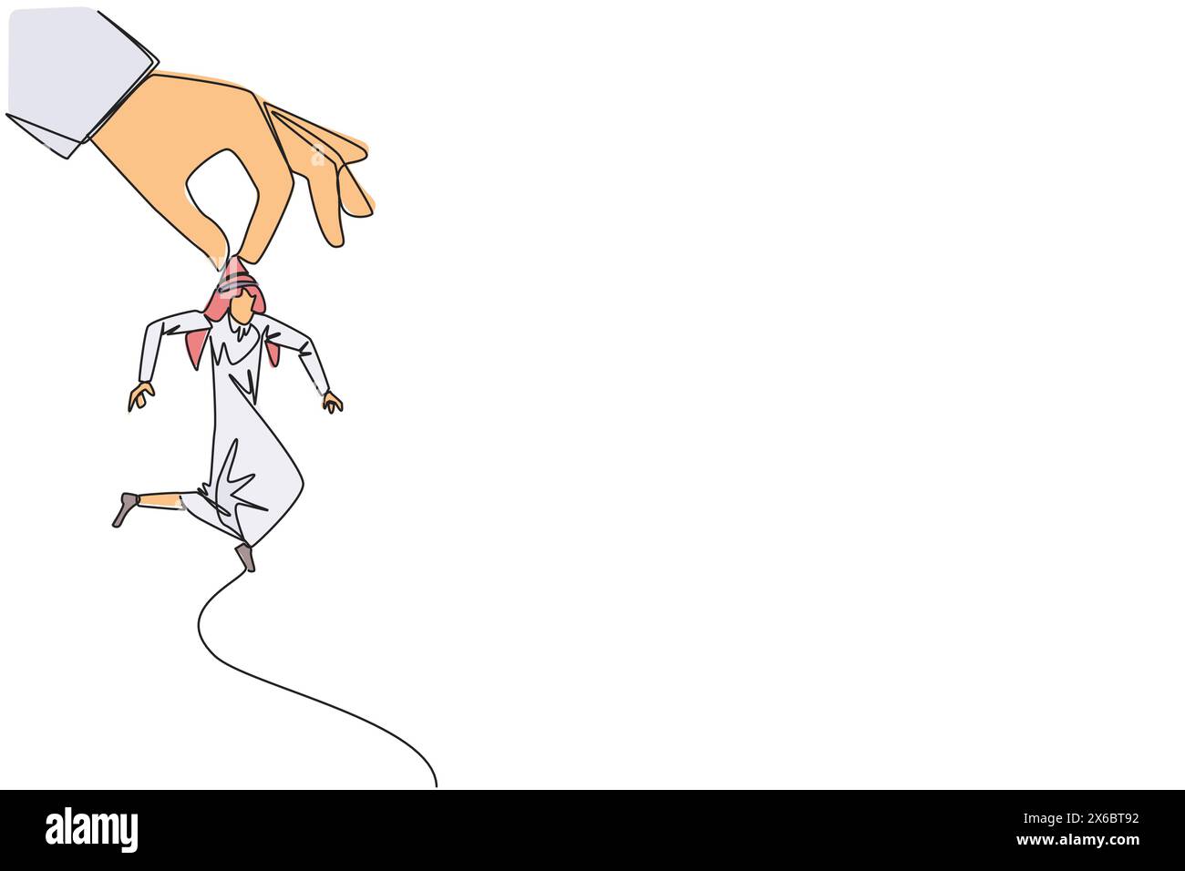 Continuous one line drawing big hand holding Arabian businessman ...