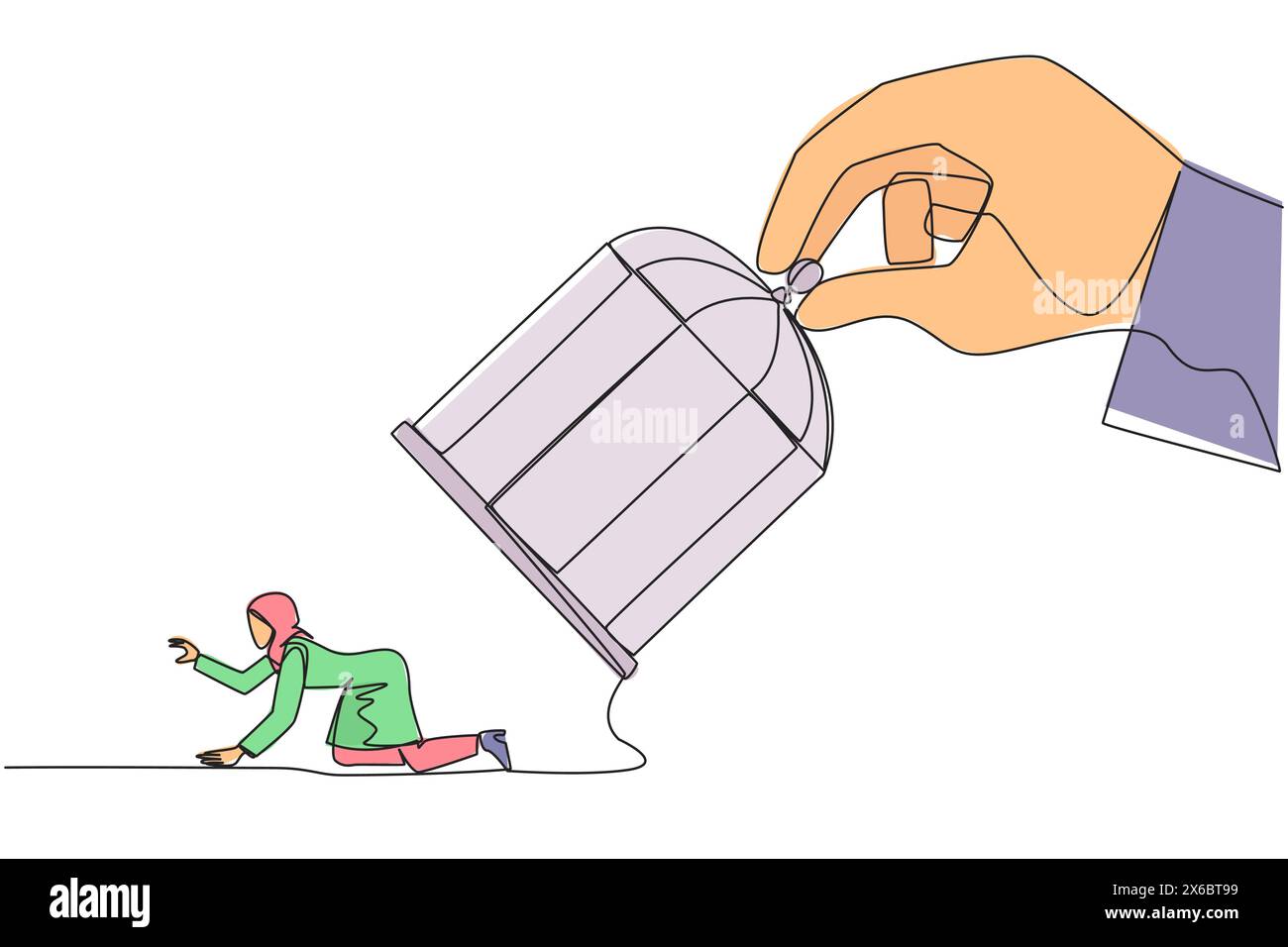 Single one line drawing big hand holds the cage want to catch crawl ...