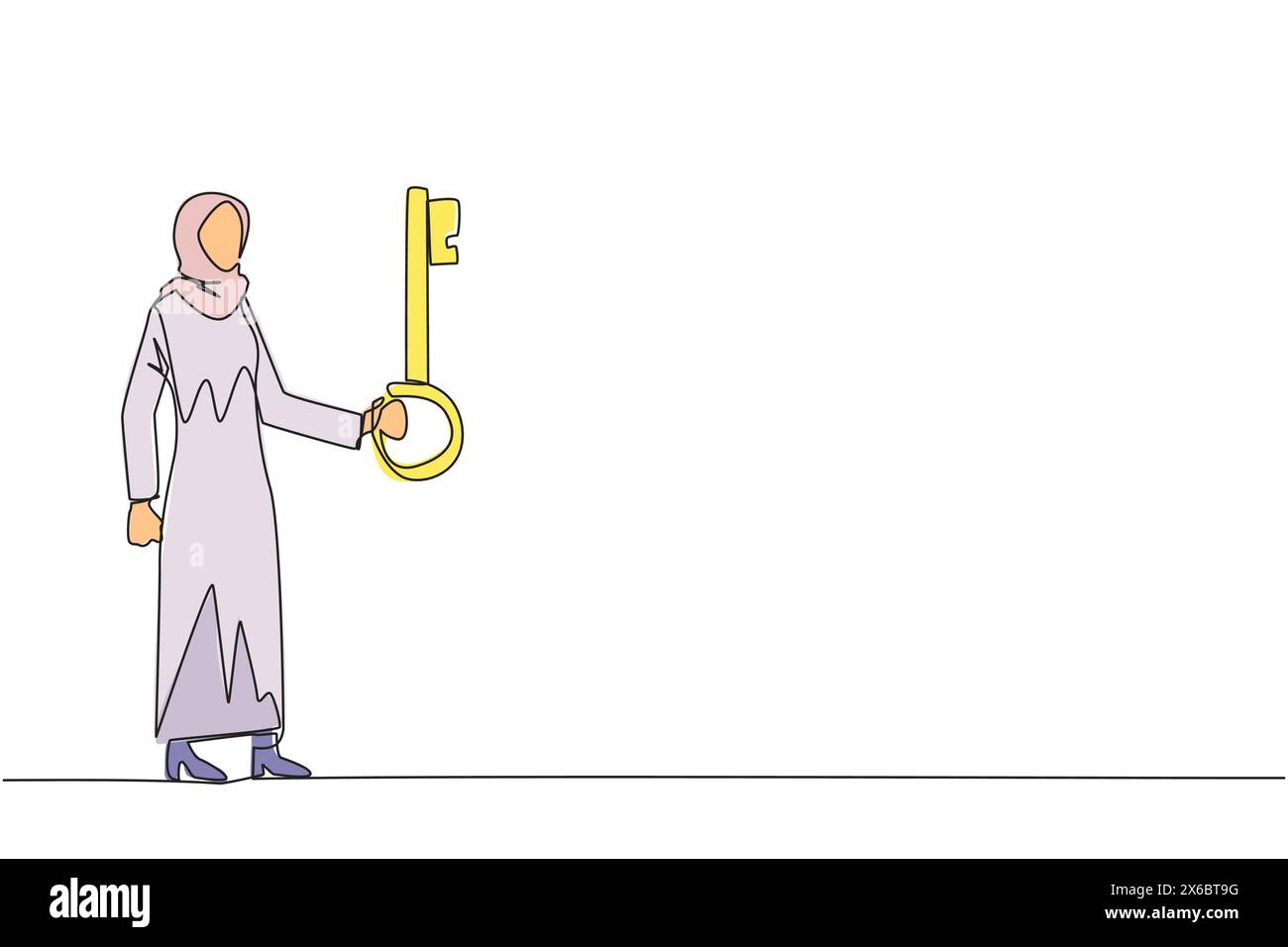 Single one line drawing Arabian businesswoman holding key. Important ...