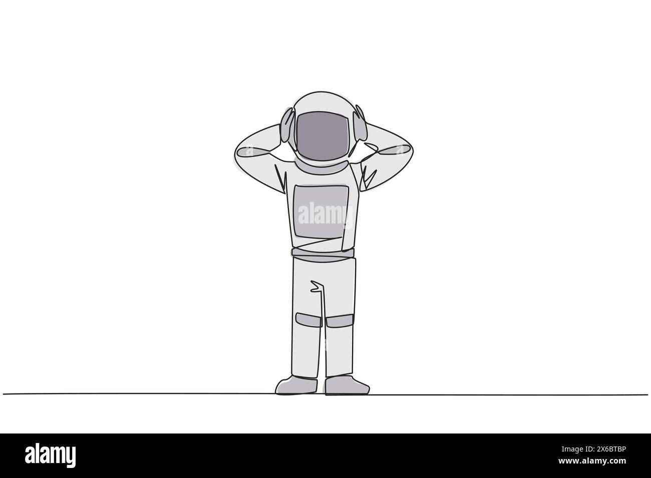 Continuous one line drawing astronaut standing straight holding head ... Continuous one line drawing astronaut standing straight holding head ...