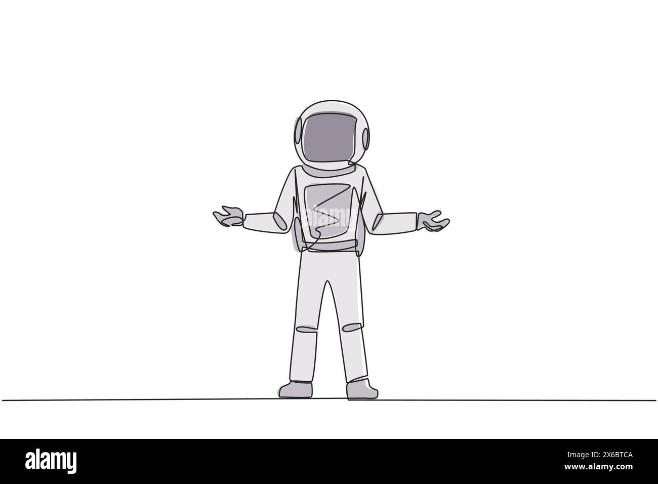 Continuous one line drawing young astronaut standing straight with open ... Continuous one line drawing young astronaut standing straight with open ...