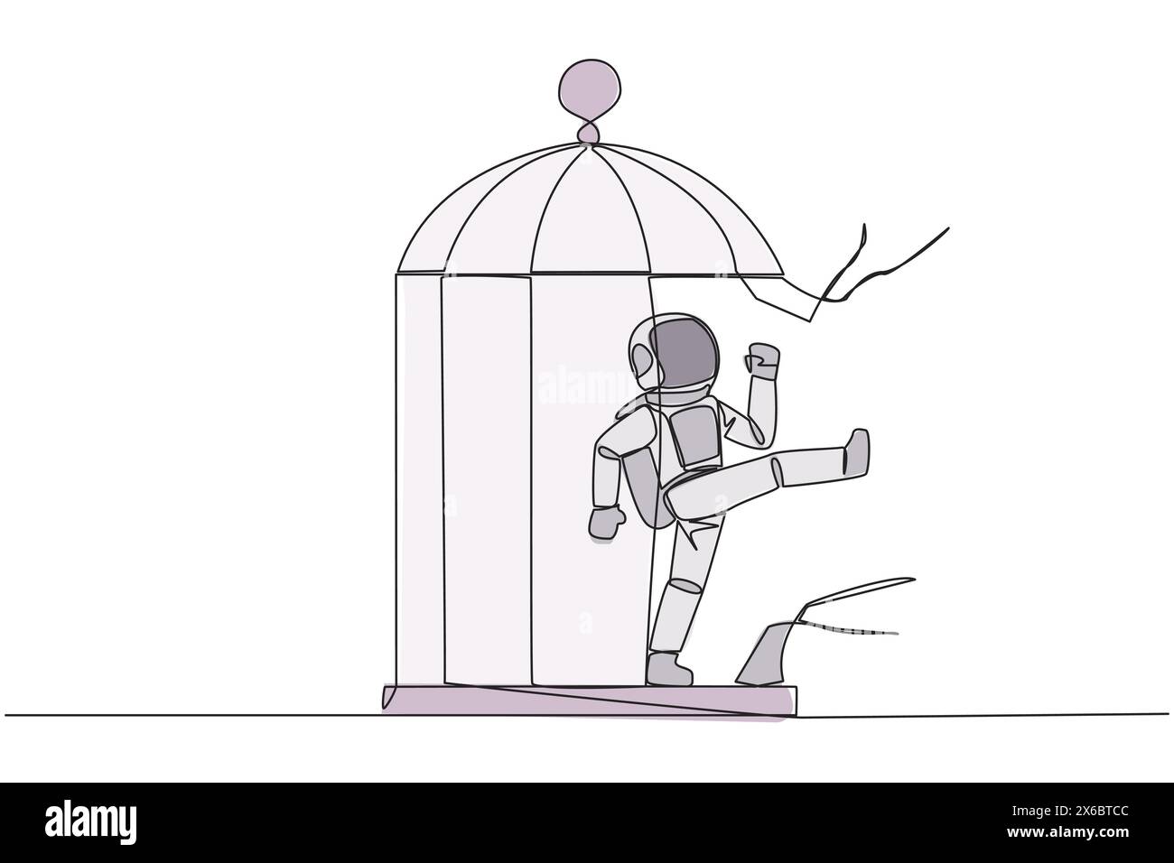 Single one line drawing astronaut trapped in the cage kick the caged ...