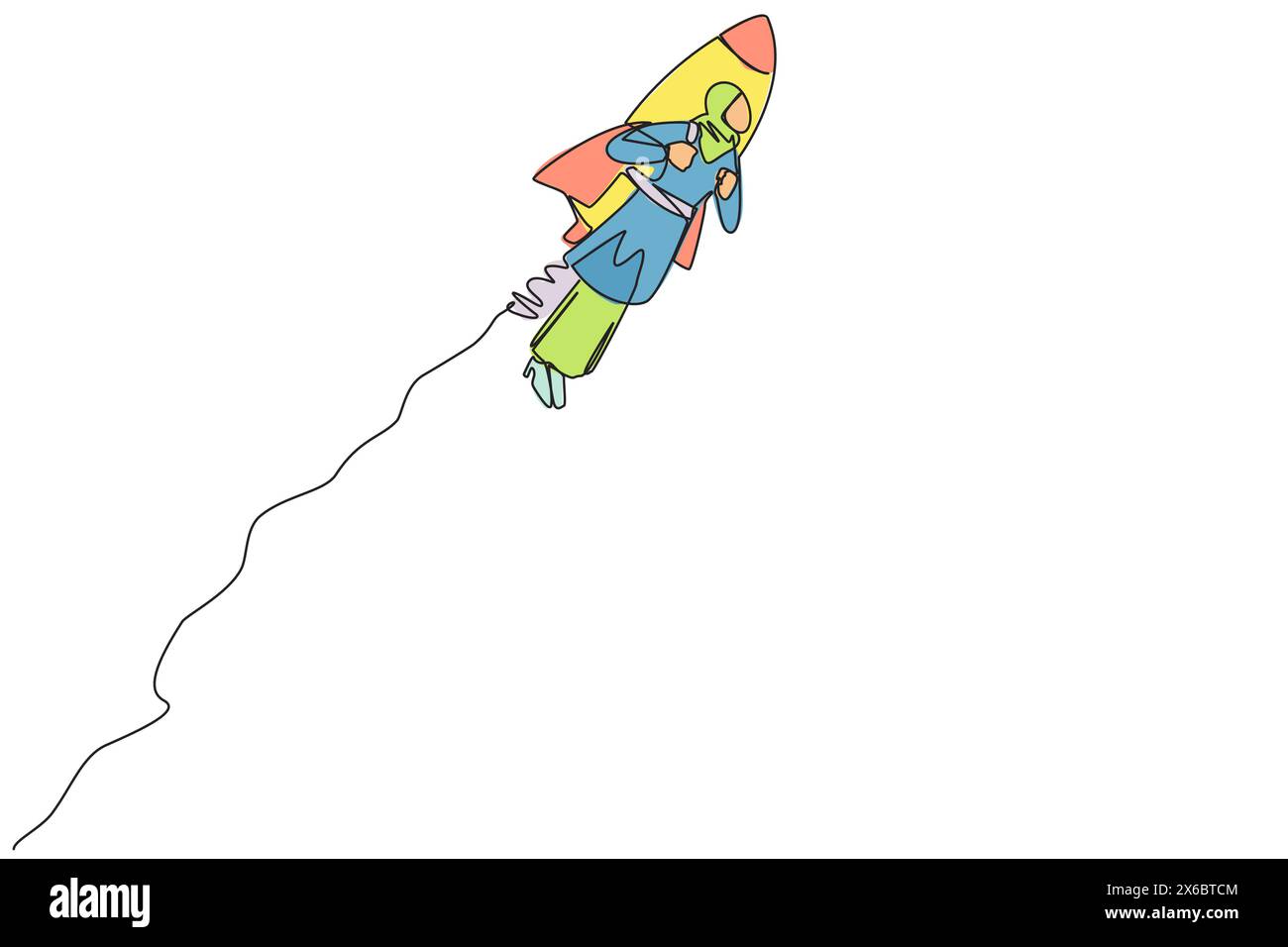 Single continuous line drawing Arabian businesswoman flying with rocket ...