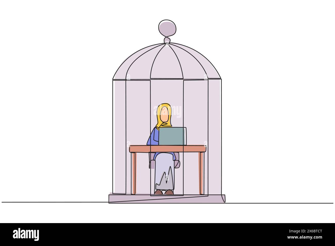 Single one line drawing Arab businesswoman trapped in cage sitting and ...