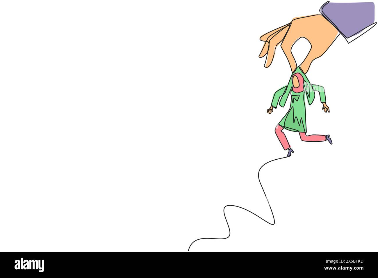 Continuous one line drawing big hand holding Arabian businesswoman ...