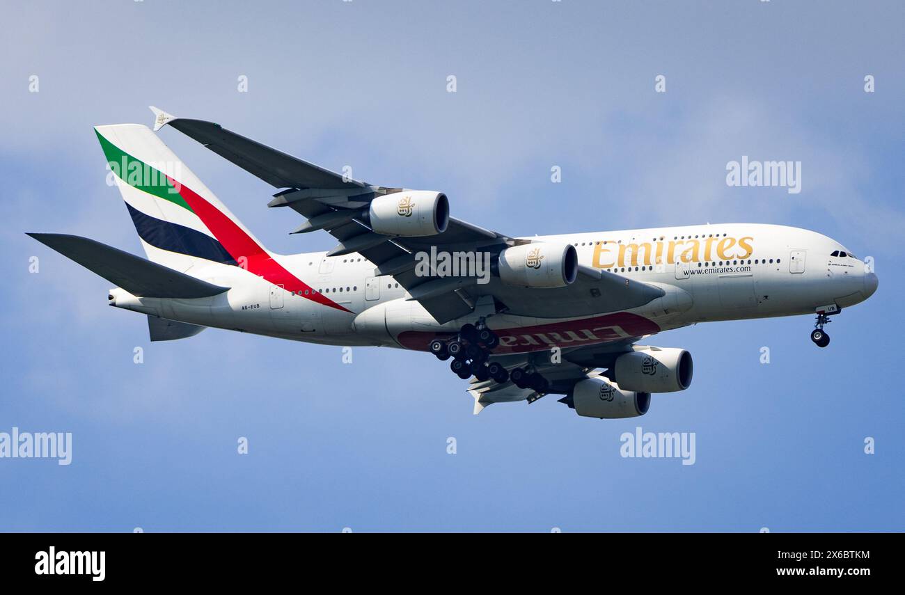 An Emirates Airbus A380-861, registration A6-EUB, lands at LHR inbound ...
