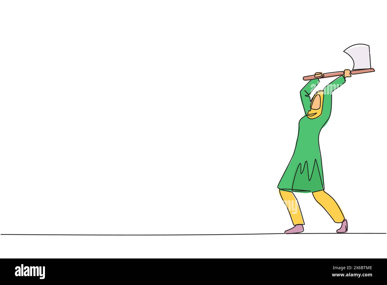 Single one line drawing Arabian businesswoman swinging an axe. Style ...