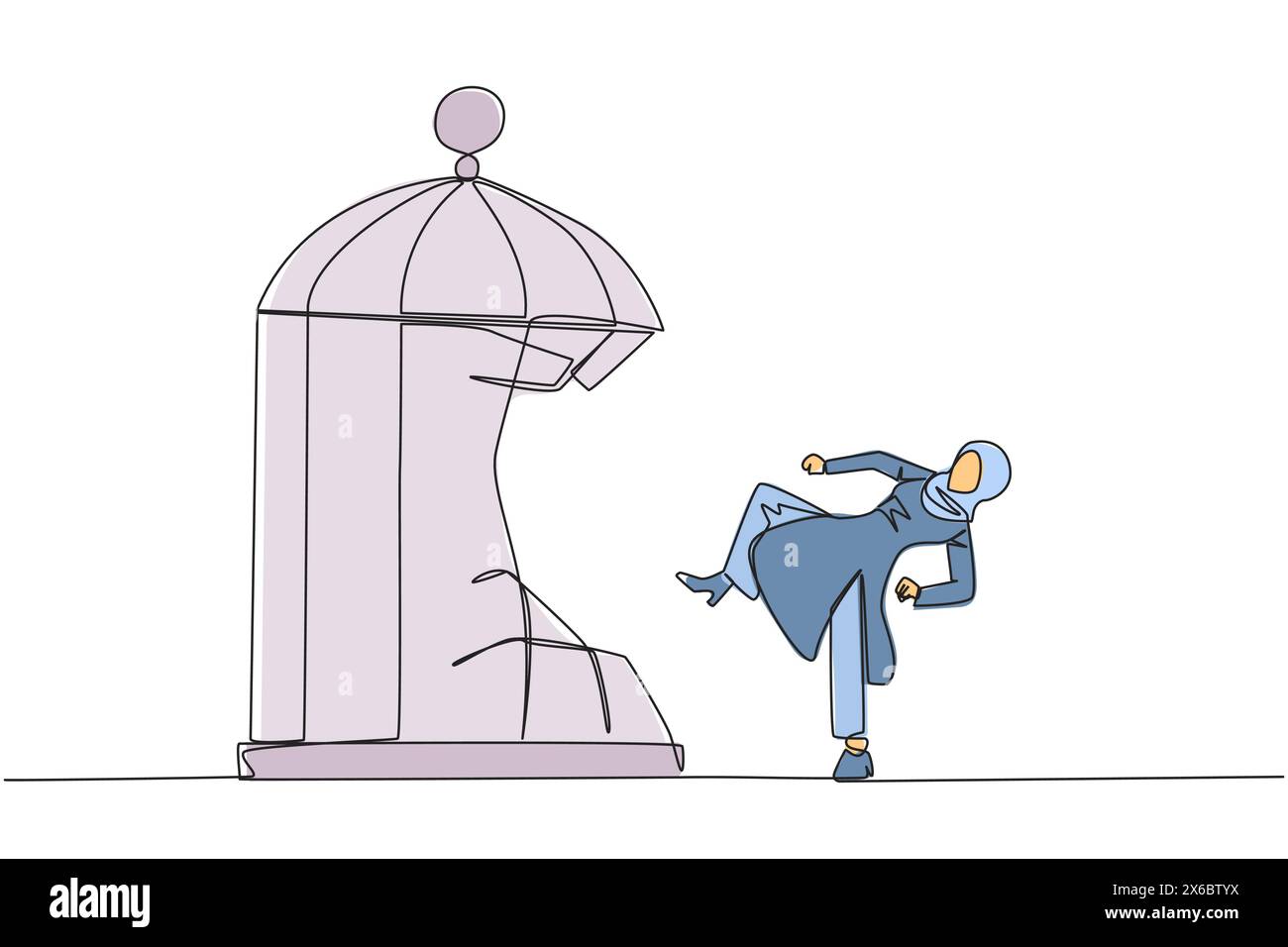 Continuous one line drawing Arabian businesswoman destroy cage with the ...