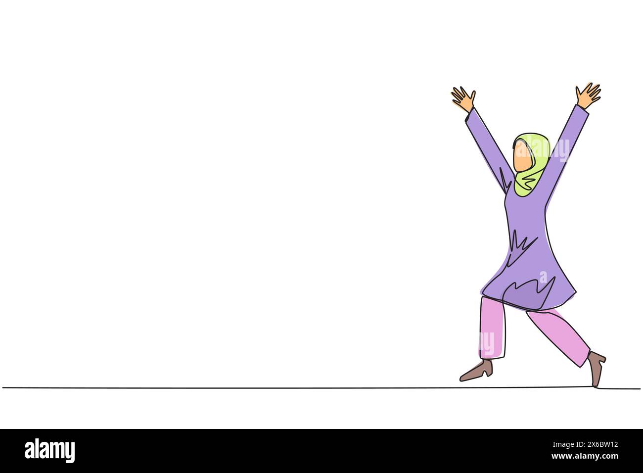 Continuous one line drawing Arabian businesswoman running to celebrate ...
