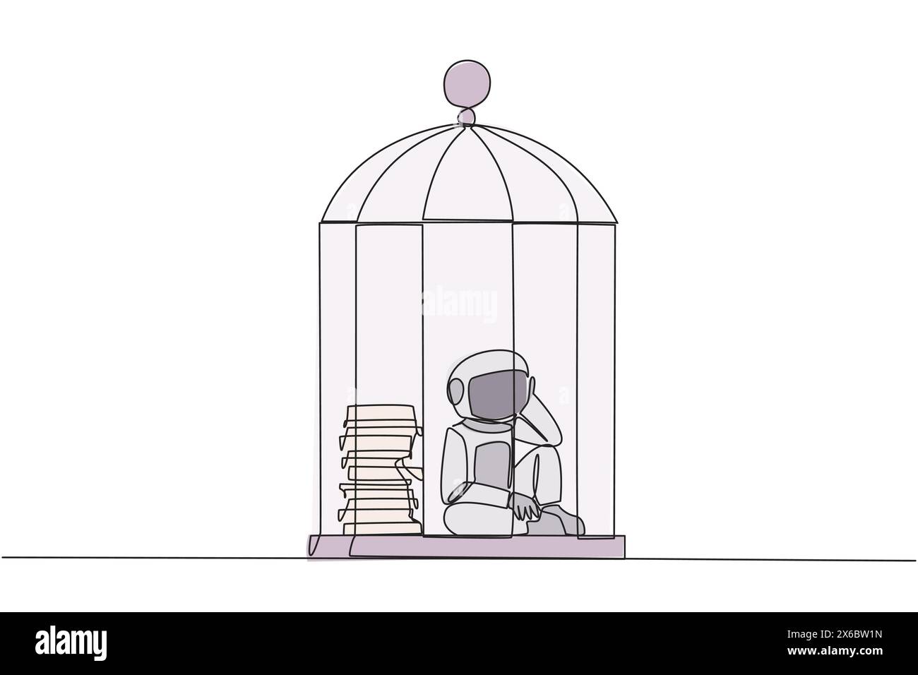 Continuous one line drawing astronaut trapped in the cage sitting down ...