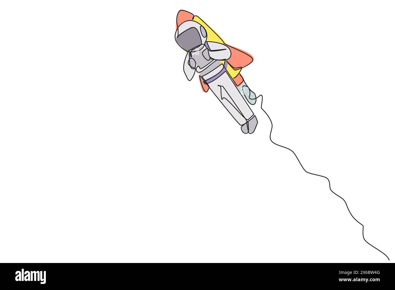 Single one line drawing young astronaut flying with rocket. Desire to ...