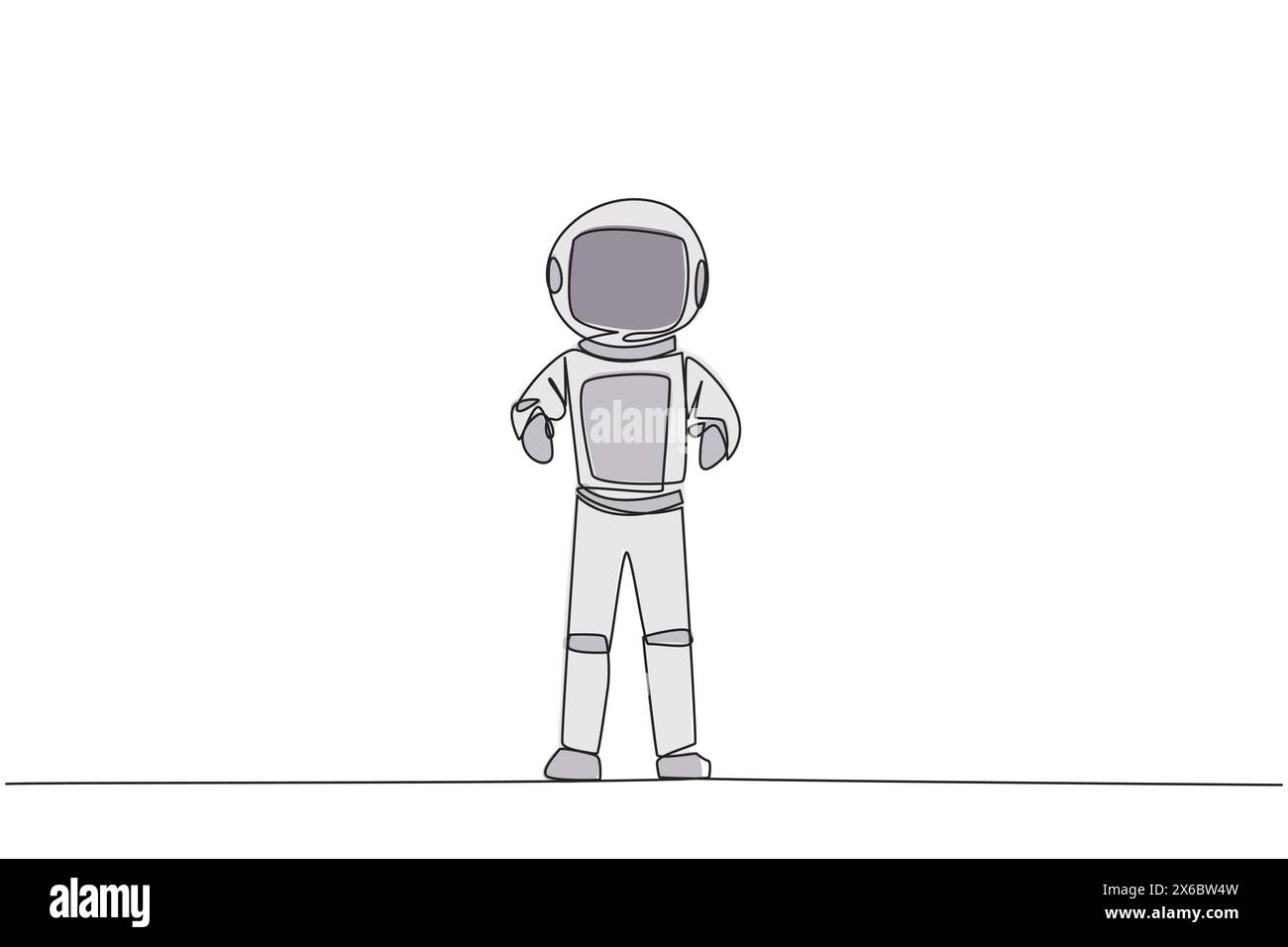 Single continuous line drawing young astronaut standing straight ...