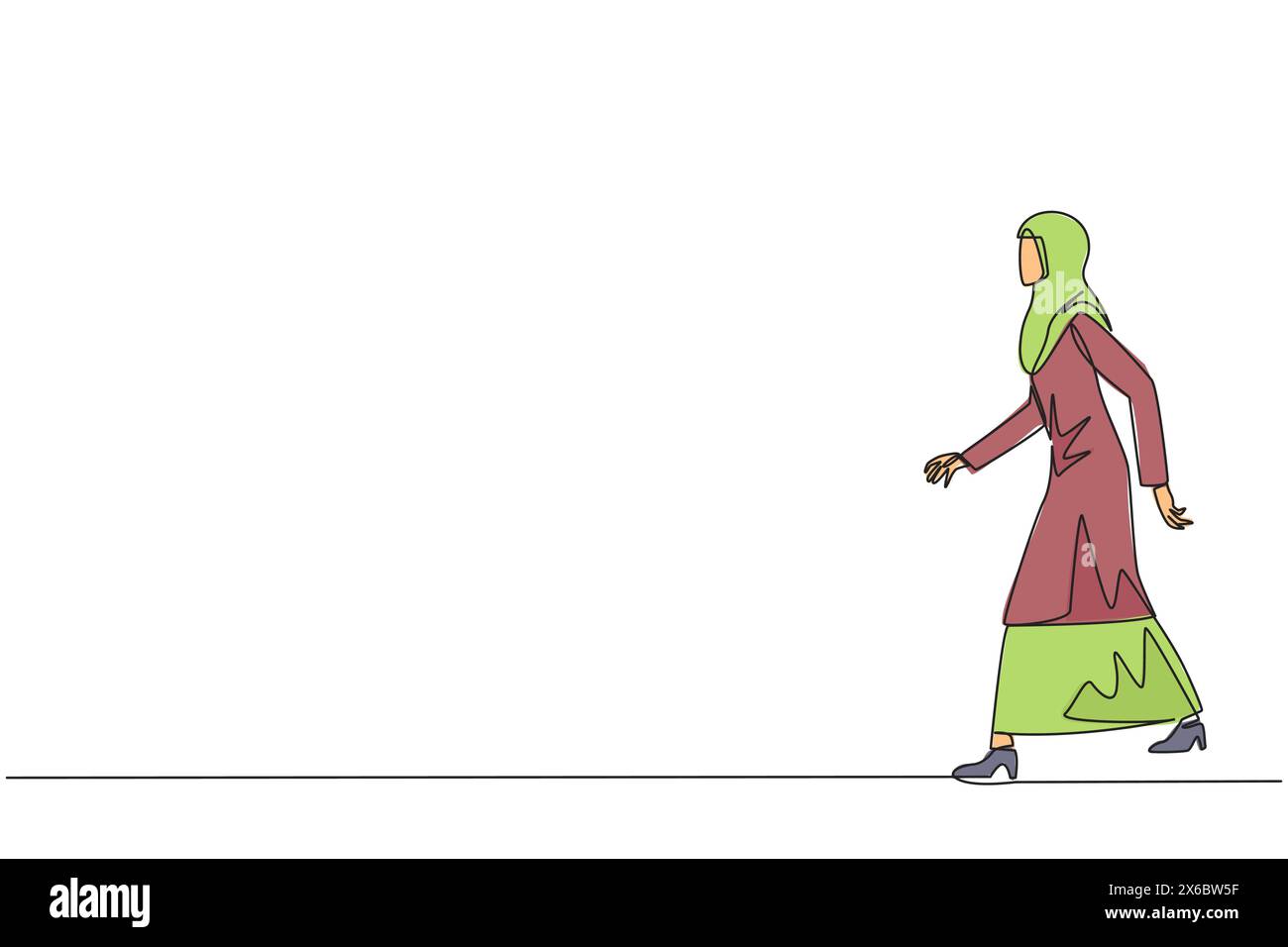 Single continuous line drawing Arab businesswoman walking to canteen to ...