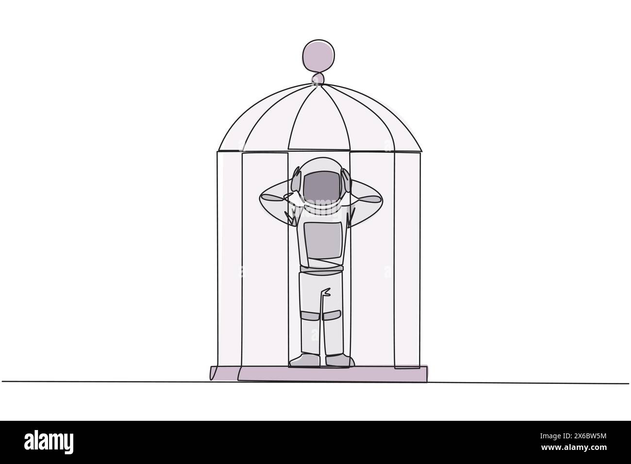 Single continuous line drawing tired astronaut trapped in the cage ... Single continuous line drawing tired astronaut trapped in the cage ...