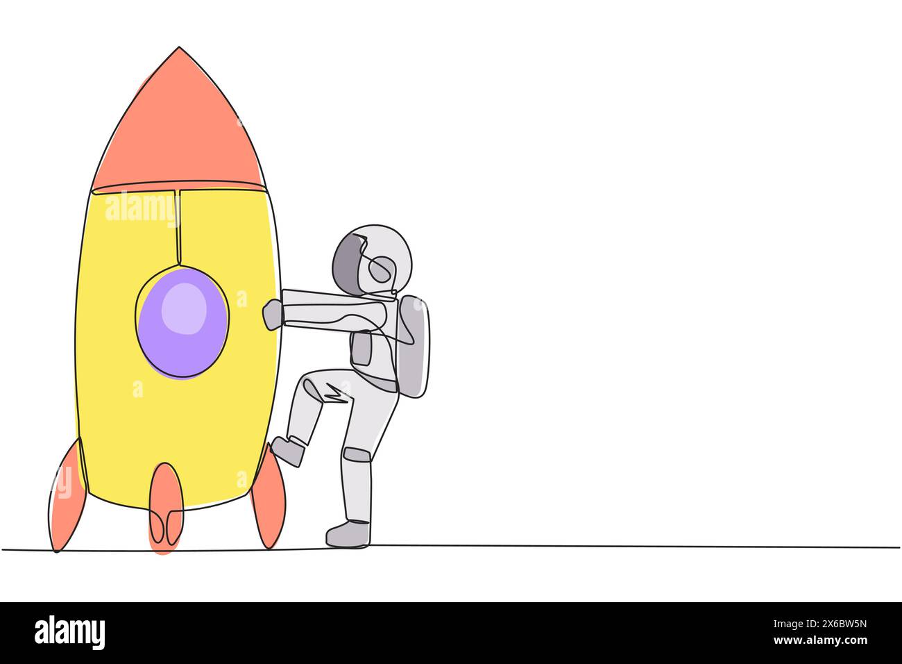 Single one line drawing astronaut and rocket. Get ready to ride rocket ...