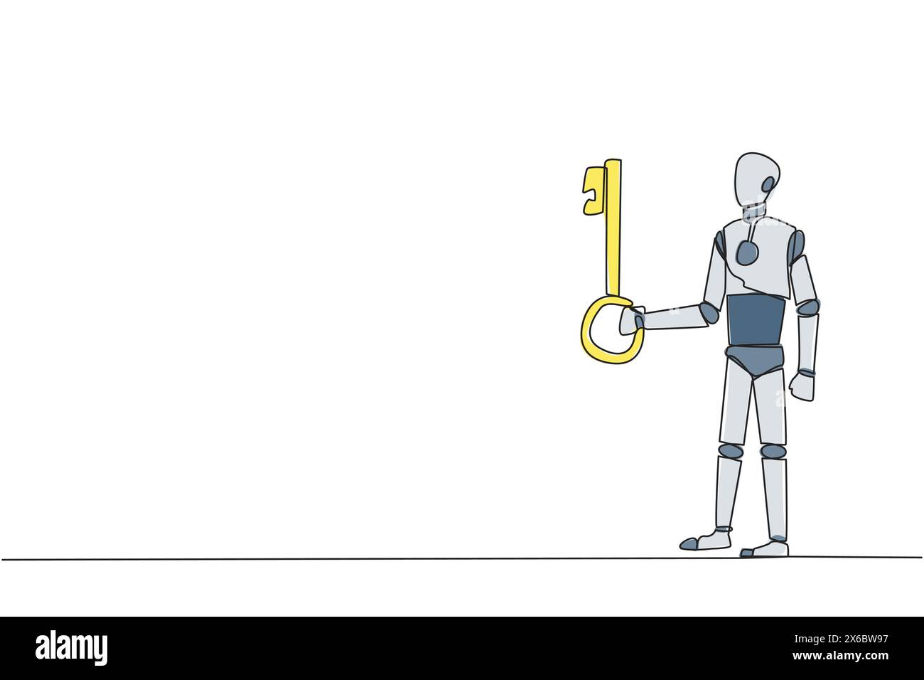 Single continuous line drawing robot holding the key. Important key to ...