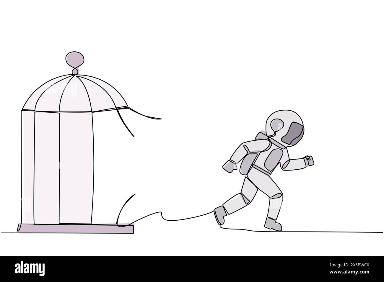 Single one line drawing young astronaut trapped in the cage running ...
