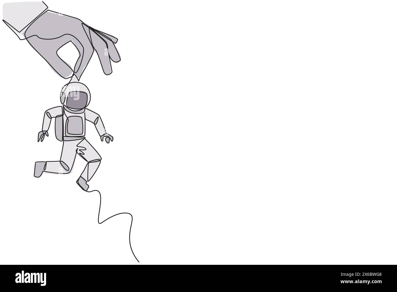 Single continuous line drawing big hand holding young astronaut ...
