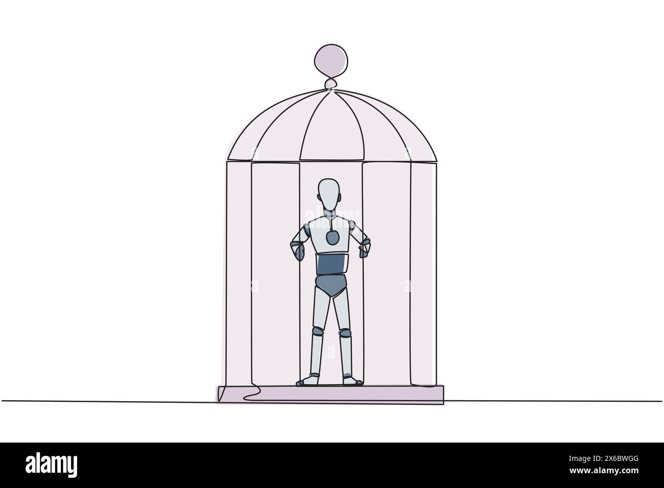 Continuous one line drawing unhappy robot trapped in cage standing hold ...