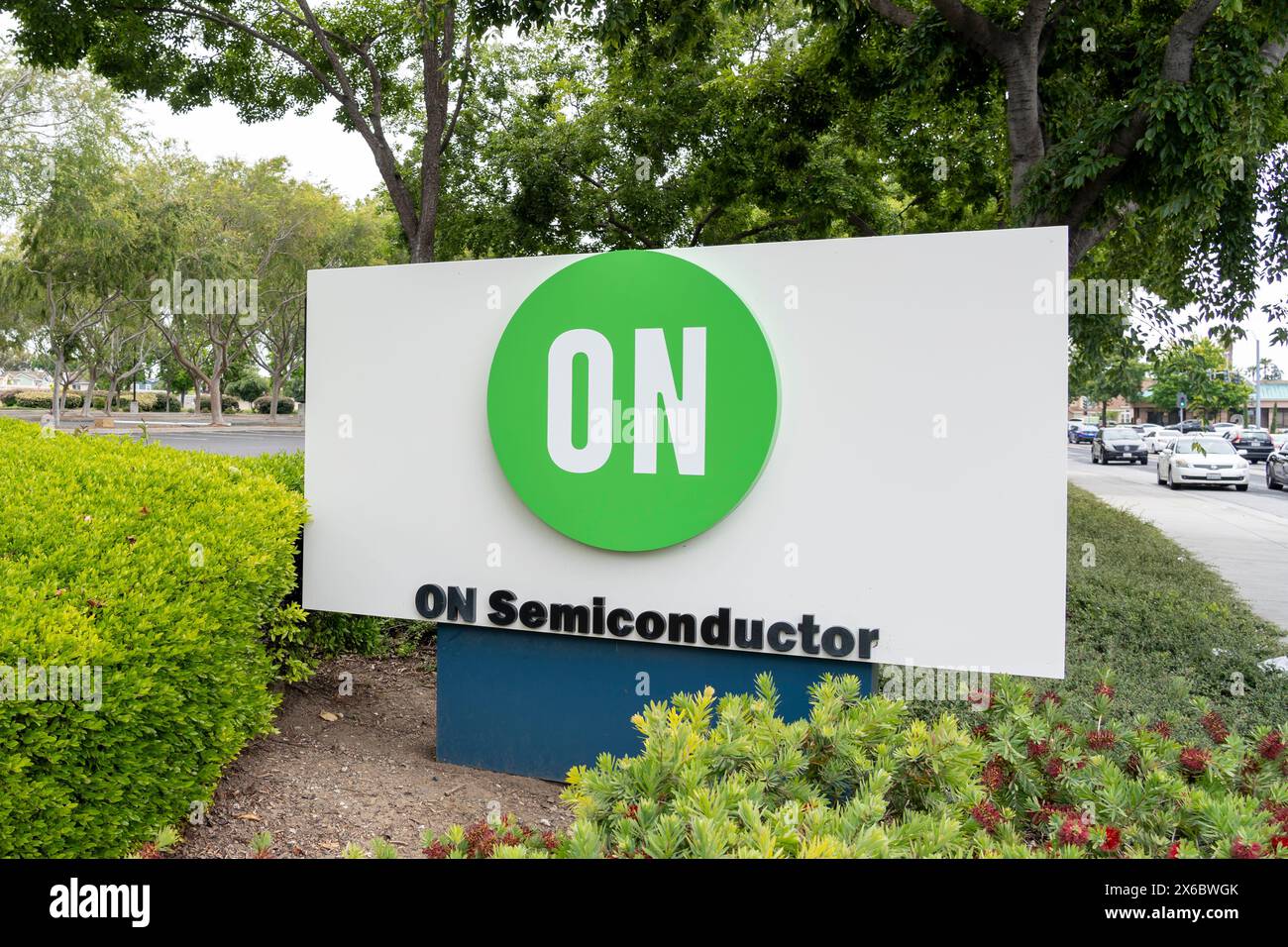 A signage at onsemi’s office building at 1704 Automation Pkwy in San ...