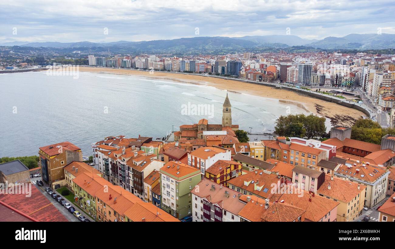 Aerial view of the old historic center of Gijón, the Playa de San ...