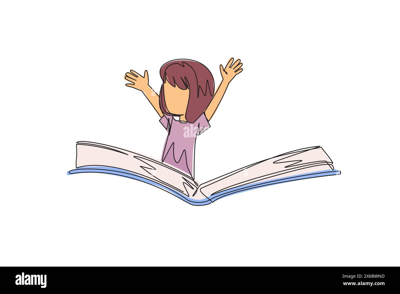 Single one line drawing the girl pops out from the middle of the book ...