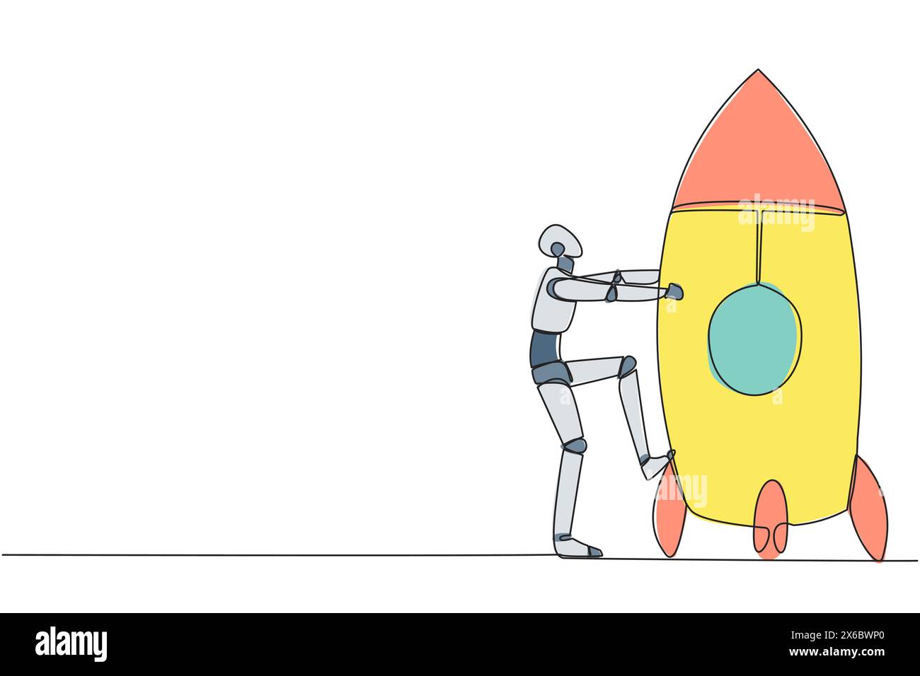 Single one line drawing smart robot and rocket. Get ready to ride ...