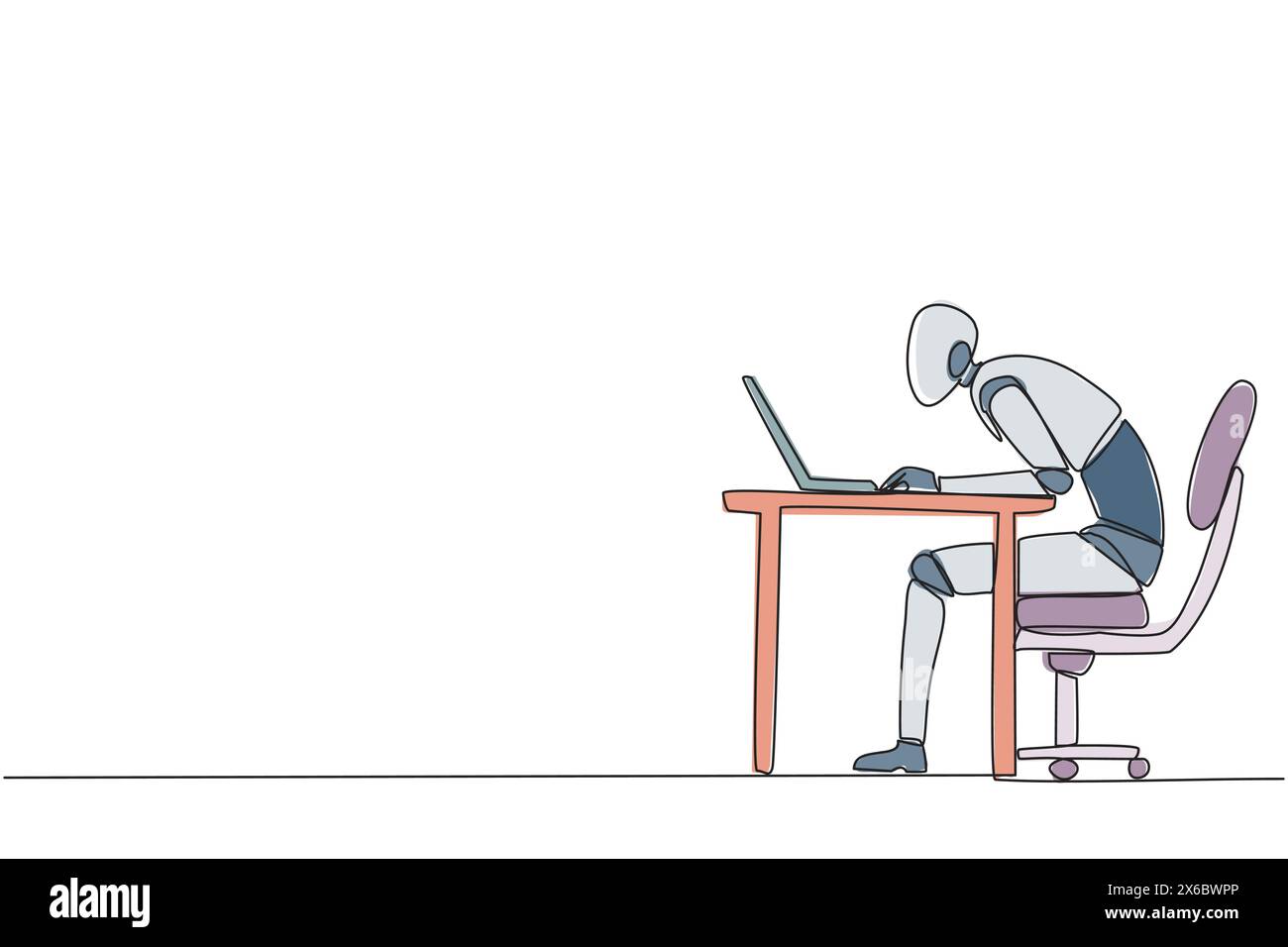 Single one line drawing robot sitting and typing on laptop computer ...