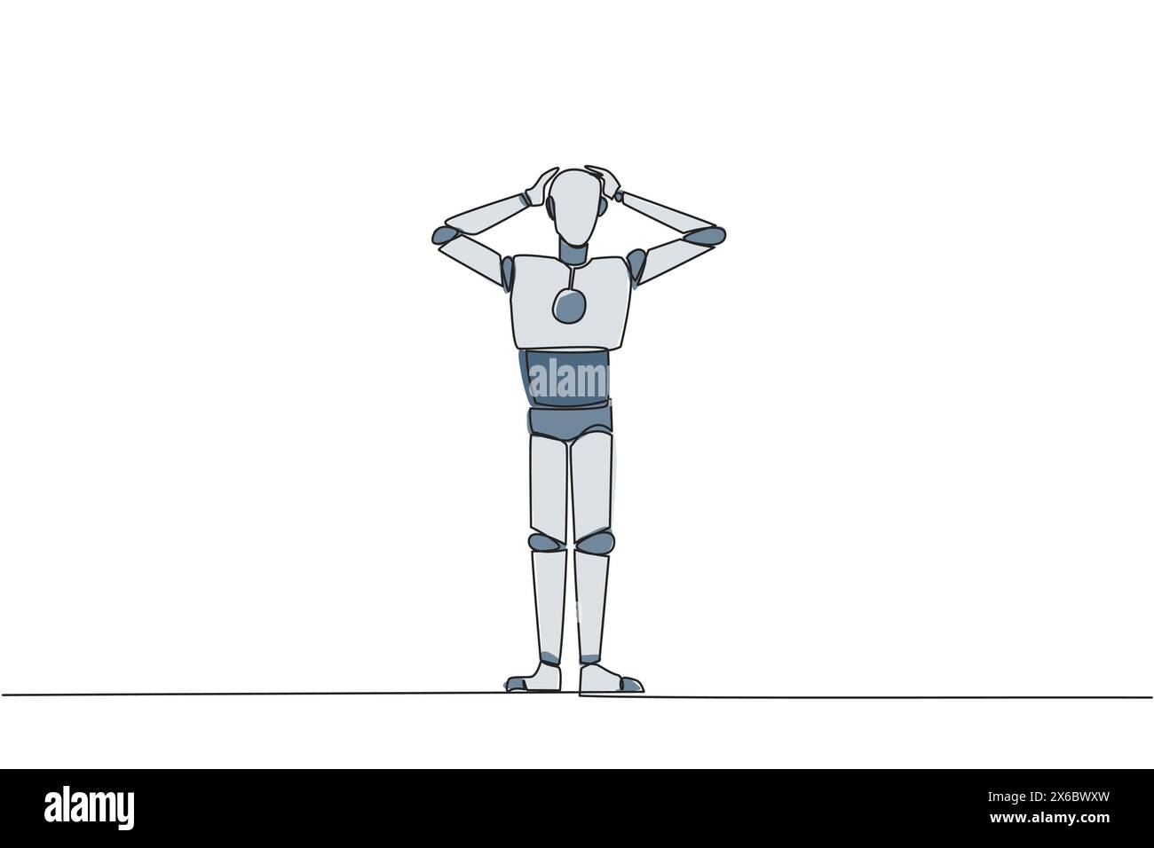 Single one line drawing robot standing straight holding head with both ...