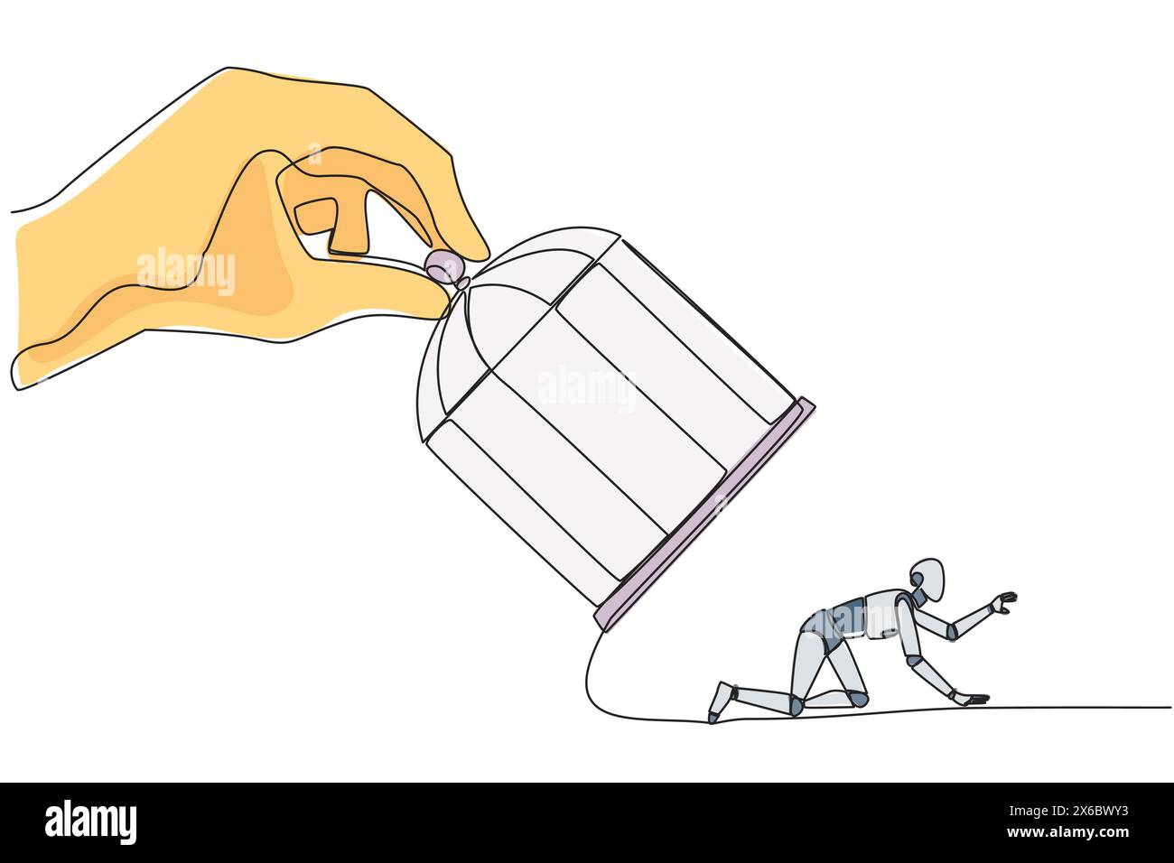 Single one line drawing big hand holds the cage want to catch crawling ...