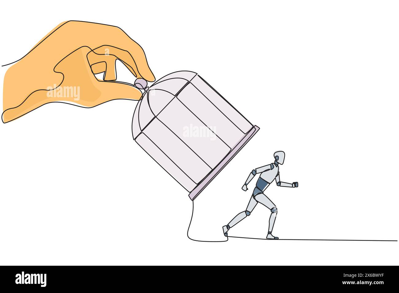 Continuous one line drawing big hand holding iron cage, catch robot ...