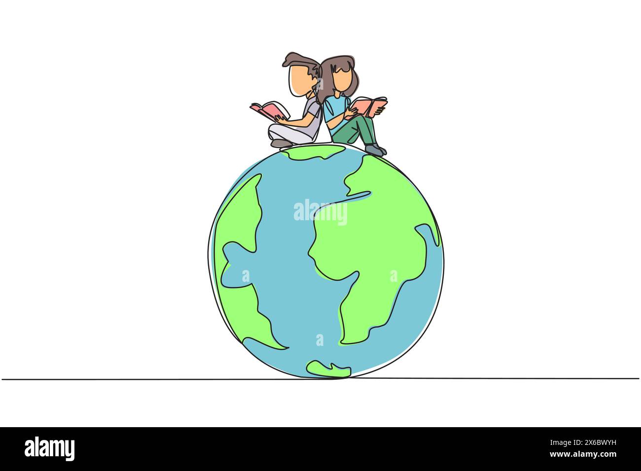 Single one line drawing happy kids sitting on big globe reading a book ...