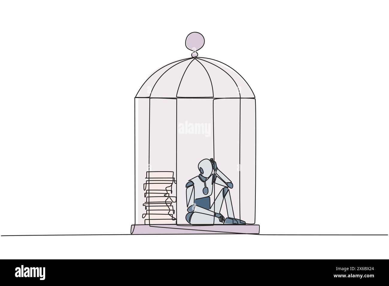 Continuous one line drawing robot trapped in the cage sitting down ...