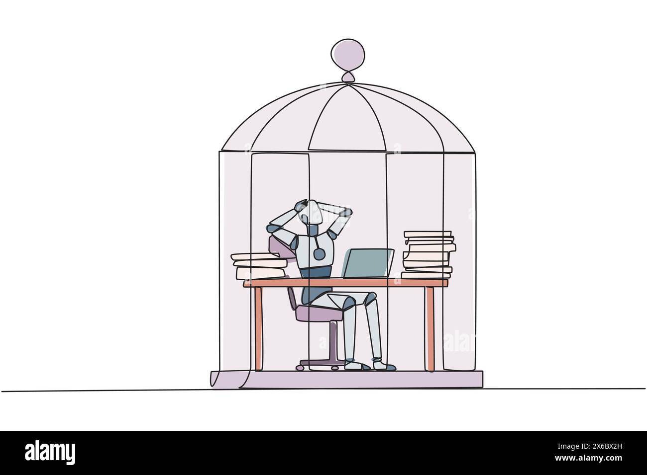 Single continuous line drawing robot trapped in cage sitting on office ...
