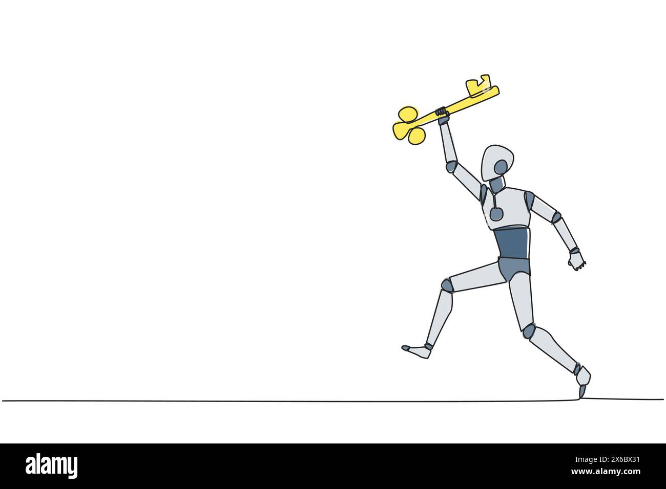 Single one line drawing smart robotic running holding key. Doing ...