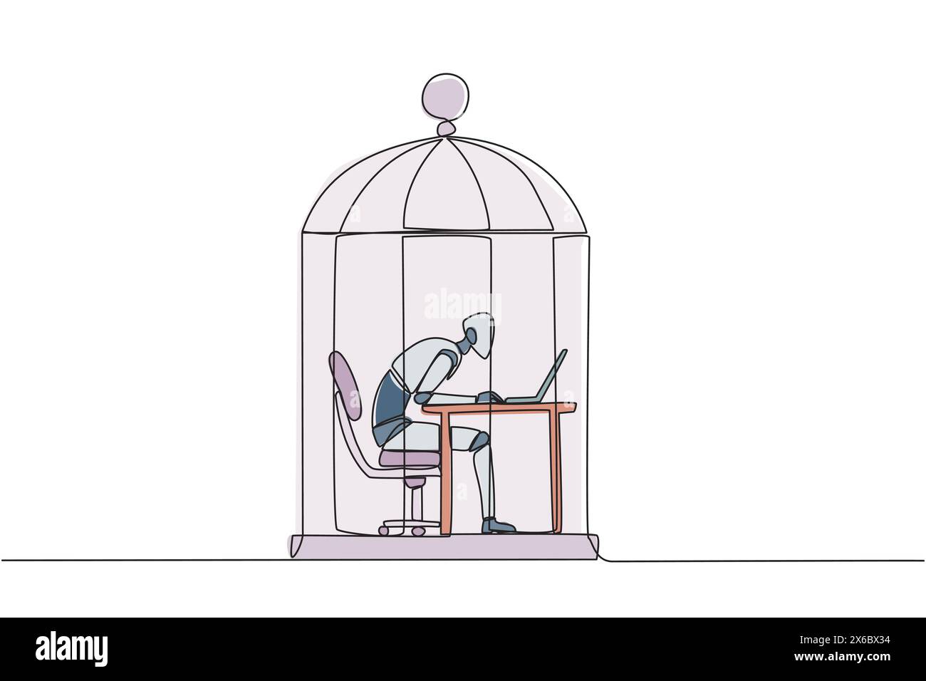 Single one line drawing robot trapped in the cage working on laptop ...