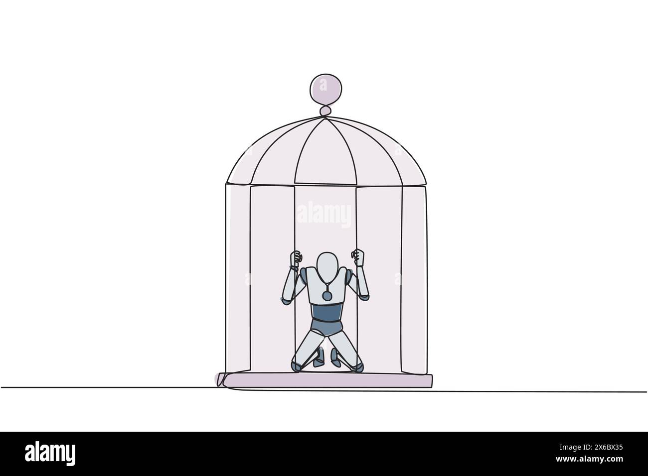 Single continuous line drawing robot trapped in the cage kneeling ...