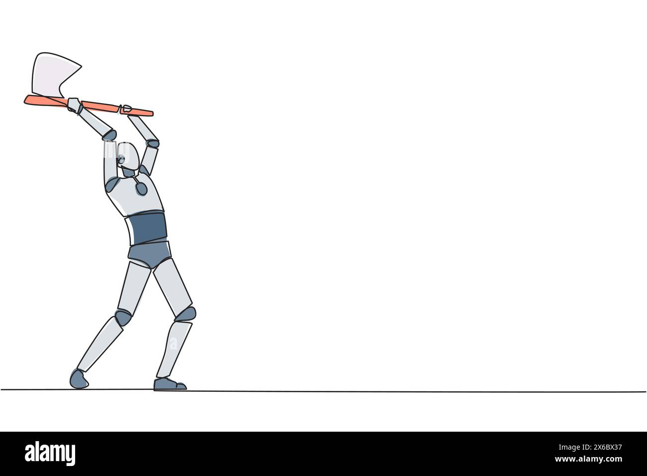 Single continuous line drawing smart robot swinging an axe. Style like ...