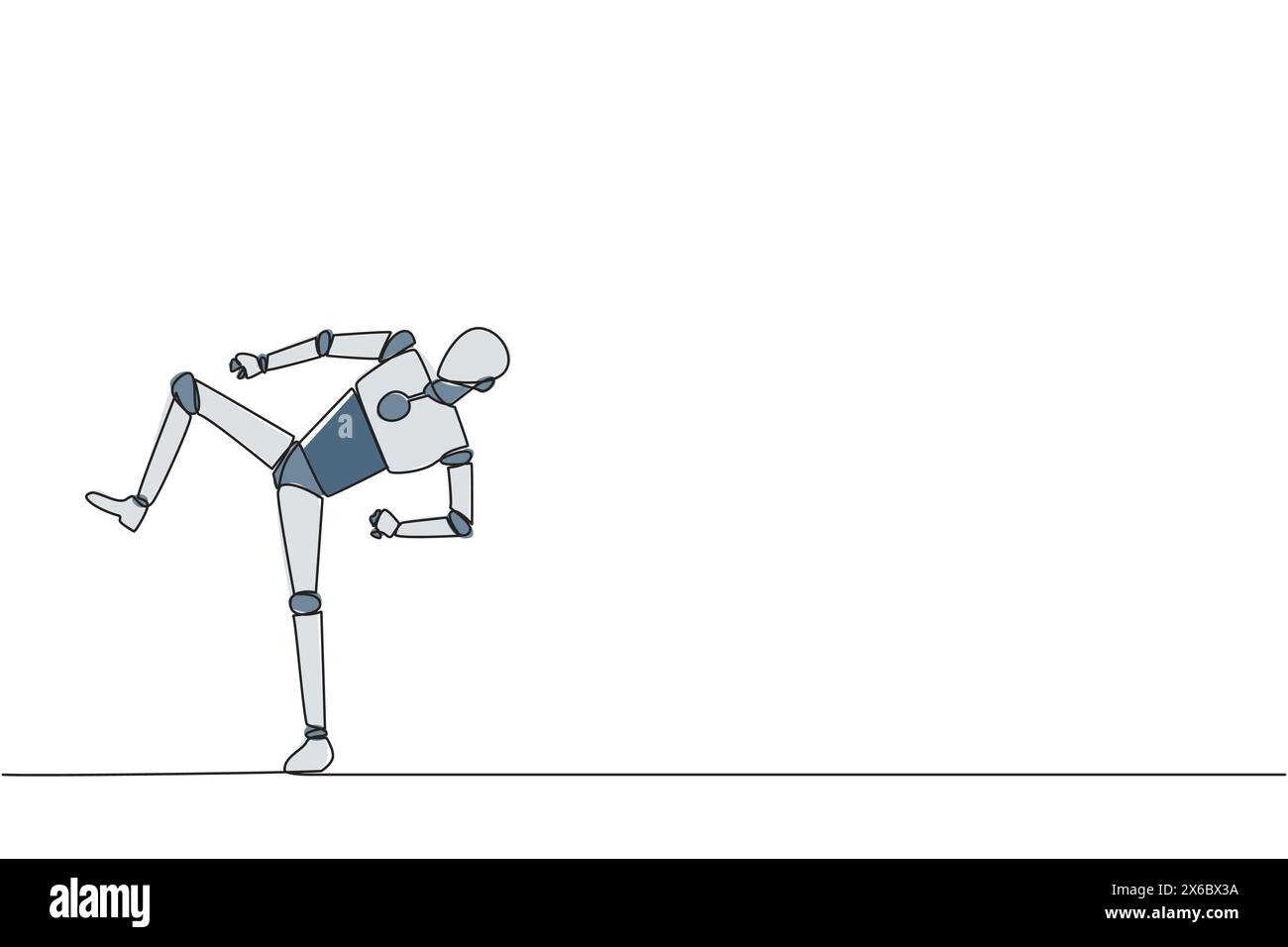 Continuous one line drawing robot doing taekwondo movements. Kicking ...