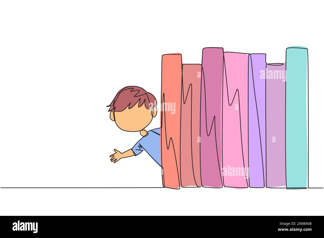 Single continuous line drawing a boy appears from behind a row of books ...