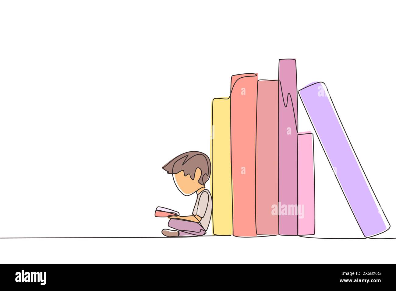 Single one line drawing happy boy reading sitting leaning against a ...