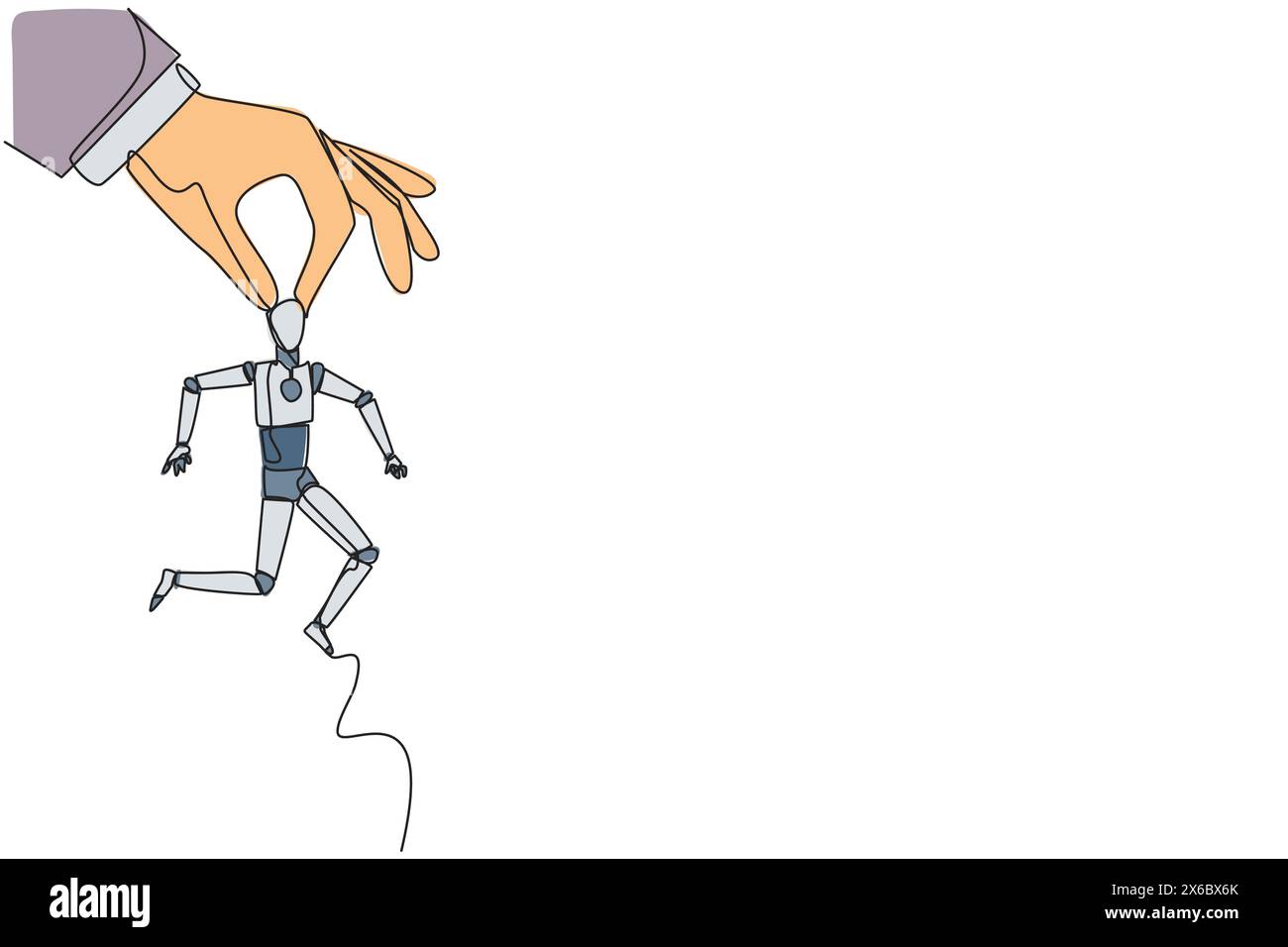 Single continuous line drawing big hand holding smart robotic ...