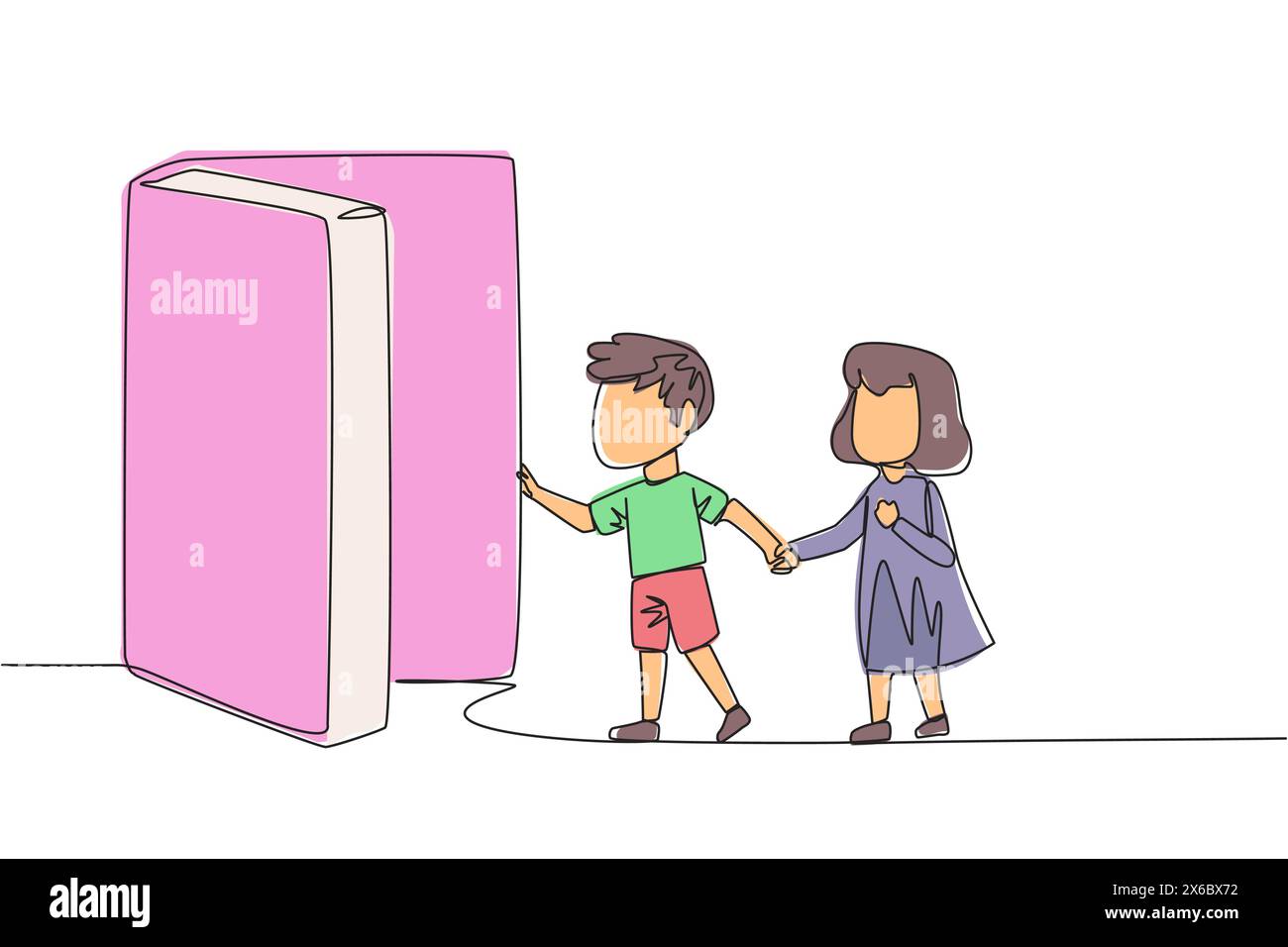 Single one line drawing the kids open the book-shaped door. Books can ...